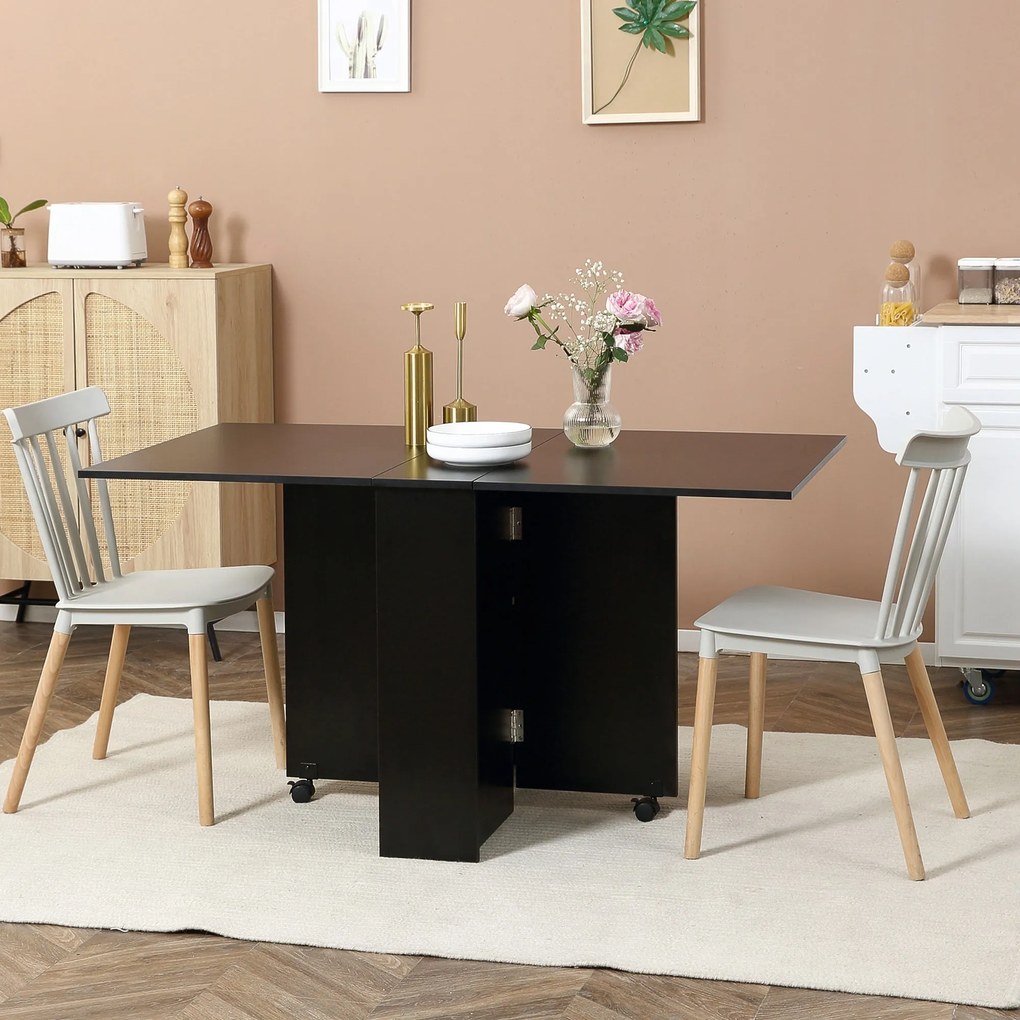 Skládací jídelní stůl HOMCOM s kolečky, skládacími křídly a policemi pro 4-6 osob 75x140x74 cm černý