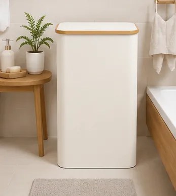 koš na prádlo, objem 60 l, s víkem, oxford/bambus, 66x41x22 cm, béžová/přírodní, Dekorino KP20260010