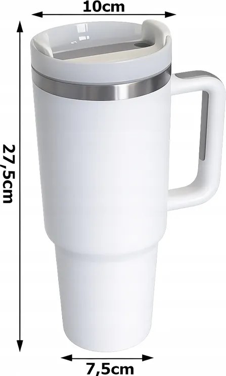 VERK Velký nerezový termohrnek se slámkou a držadlem – 1,2 l - bílý