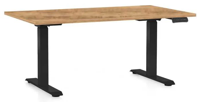 Výškově nastavitelný stůl OfficeTech D, 140 x 80 cm, černá podnož, dub zlatý