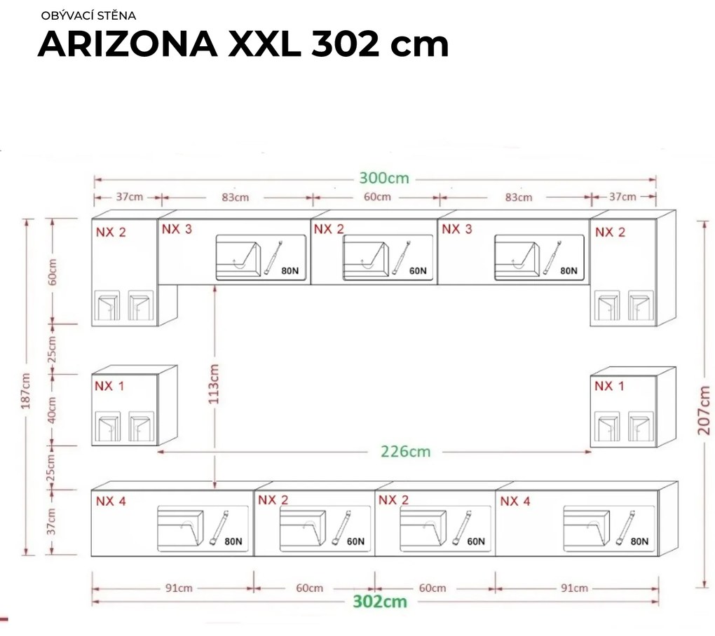 Ral Obývací stěna ARIZONA XXL, 302 cm - Bílý lesk