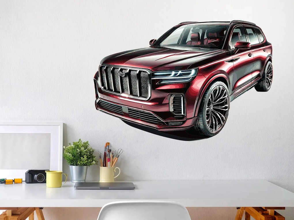 Červené auto SUV textilní přelepitelná samolepka na zeď arch 46 x 31 cm