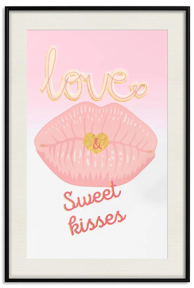Plakát Sladké polibky - anglický text a velké růžové rty na pastelovém pozadí