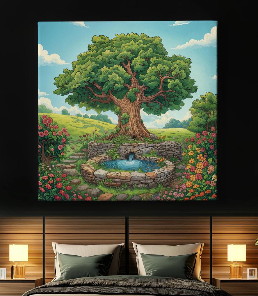 Obraz na plátně - Strom života Kamenná studánka FeelHappy.cz Velikost obrazu: 140 x 140 cm
