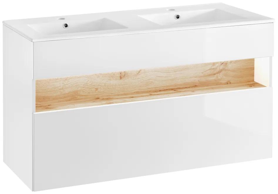 COMAD Závěsná skříňka s umyvadlem - BAHAMA 854 white, šířka 120 cm, matná bílá/lesklá bílá/dub votan