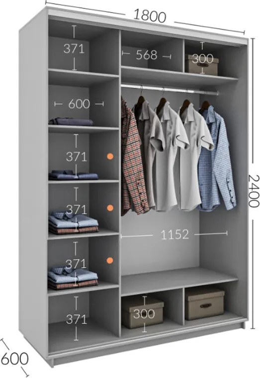 Skříň s posuvnými dveřmi 1800x2400x600 1LTD 1 Zrcadlo grafit šedý, profil stříbrný