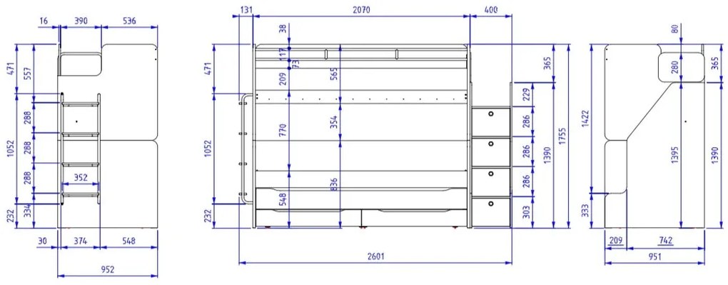 Patrová postel s přistýlkou, úložným prostorem a žebříkem Cody Modular - dub