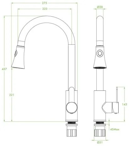 Laveo Bona, kuchyňská baterie stojící h-437, ušlechtilá ocel, LAV-BAB_269U