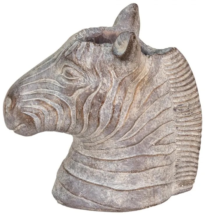 Šedý cementový květináč v designu hlavy zebry – 16x10x15 cm