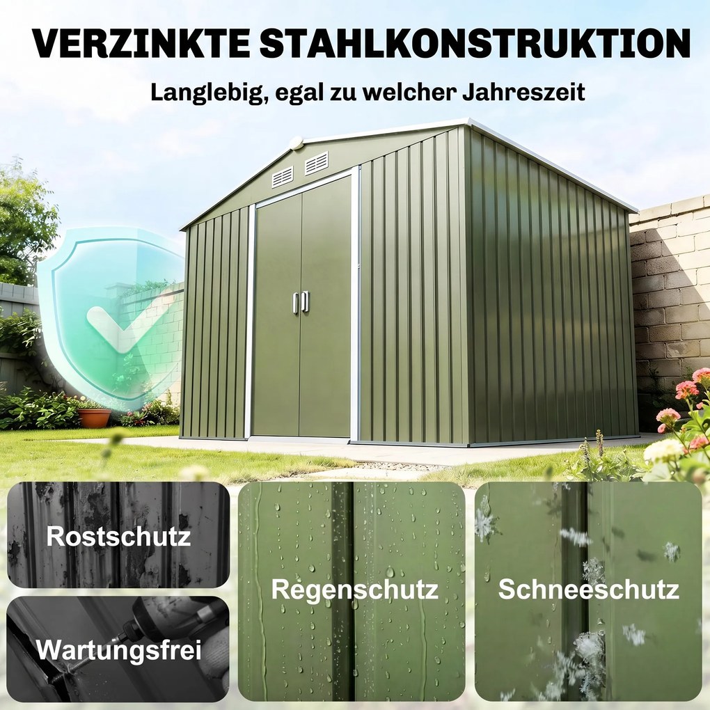 Outsunny kůlna na nářadí kovová kůlna s podezdívkou světle zelená 277 x 195 x 192 cm | Aosom