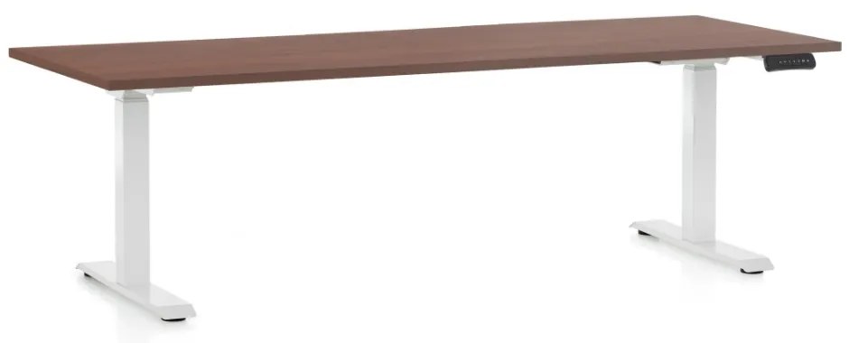 Výškově nastavitelný stůl OfficeTech D, 200 x 80 cm, bílá podnož, ořech