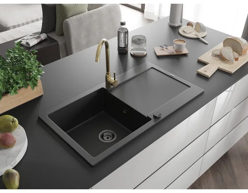 Mexen Leo 1-komorový granitový dřez s odkapávačem 900x500mm a kuchyňskou baterií Telma, černá-zlatá, 6501-77-670200-50