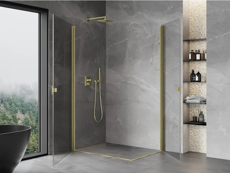 Mexen Mist-B Duo, 2-křídlý výklopný sprchový kout 85 x 70 cm, čiré sklo, zlatý matný profil, 8A2-085-070-55-00