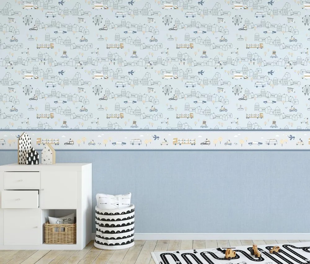 Modrá dětská vliesová tapeta pro kluky, město, auta, 7002-1, Noa, ICH Wallcoverings