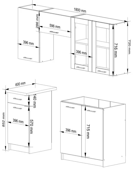 Kuchyňská linka OLIVIA H720 1.8 m s vitrínou beton