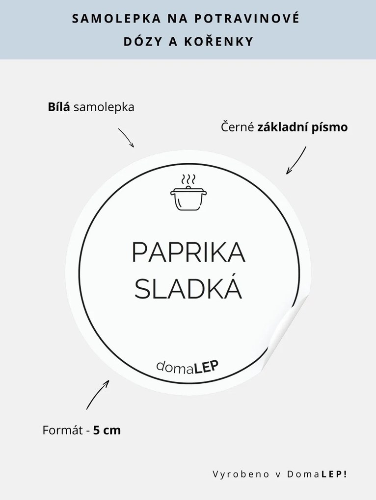 Samolepka na kořenky PAPRIKA SLADKÁ bílá 5 cm základní písmo