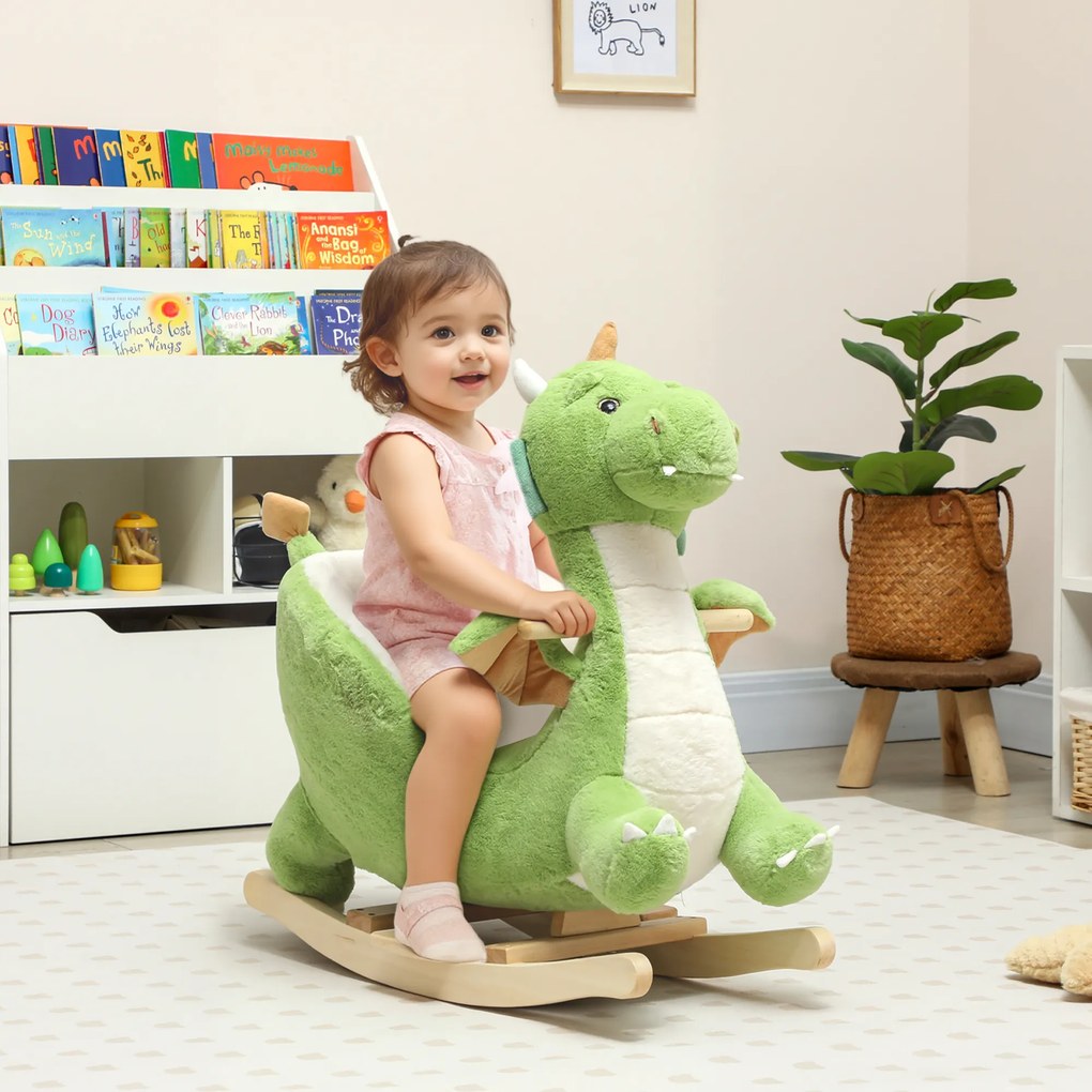 AIYAPLAY Houpací zvíře, Houpací dinosaurus, interaktivní zvuky zvířat, měkké výplně, dřevěný rám, 73 x 39 x 66 cm, Zelená