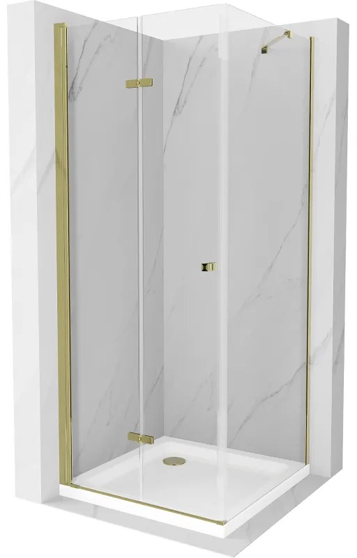 Mexen Lima skládací sprchový kout 90 x 90 cm, Průhledné, Zlatá + sprchová vanička Flat - 856-090-090-50-00-4010