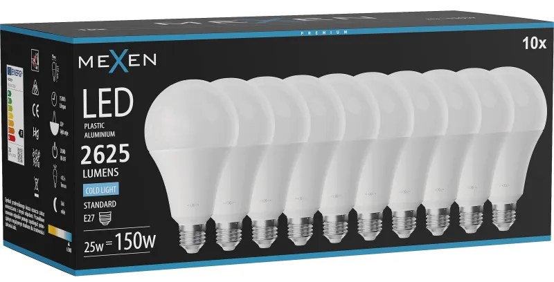Mexen Nova 10x LED žárovka E27, A95, 25W, Studená - 6500K, 2625 lm - L100-E27-2565-01x10