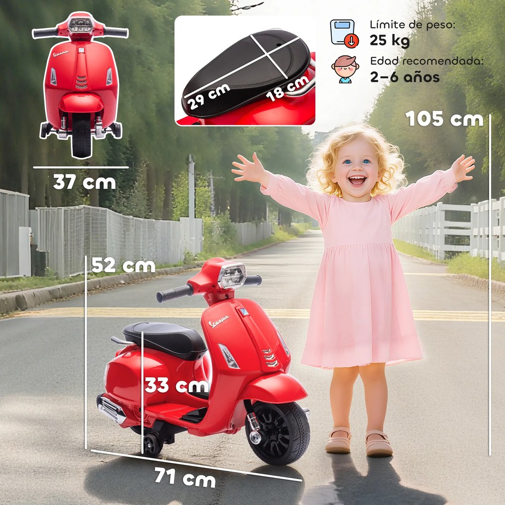 AIYAPLAY Elektrická dětská motorka pro 2–6 let s baterií 6V, světlometem, houkačkou a pomocnými kolečky, červená