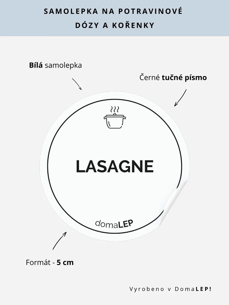 LASAGNE  – bílá samolepka na dózu, tučné písmo, 5 cm | DomaLEP