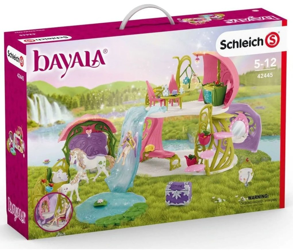 Schleich 42445 třpytivý květinový dům s jednorožci, jezerem a stájí