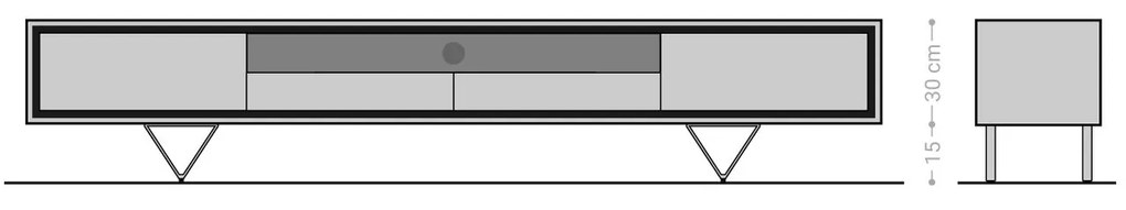 DELIFE TV stolek Stonegrace 240 cm akácie hnědá 2 dvířka 2 zásuvky 1 přihrádka kamenná dýha podnož ve tvaru V černá