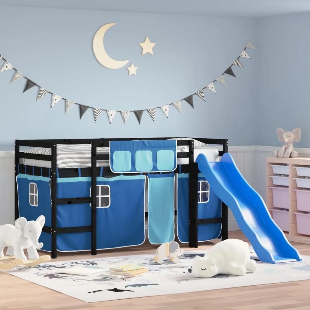 Dětská patrová postel se závěsy modrá 90 x 190 cm borovice,  3207034