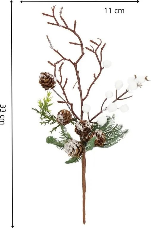 Větvička s bílými jeřabinami a šiškou 33cm, vánoční dekorace