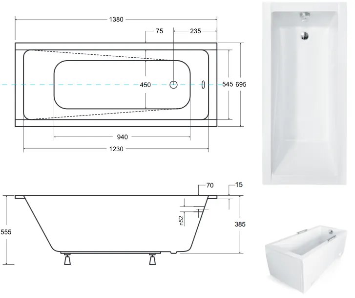 NIKIDO Akrylátová vana MODERN SLIM 140x70, 150x70, 160x70, 170x70, 180x80 Velikost: 170x70