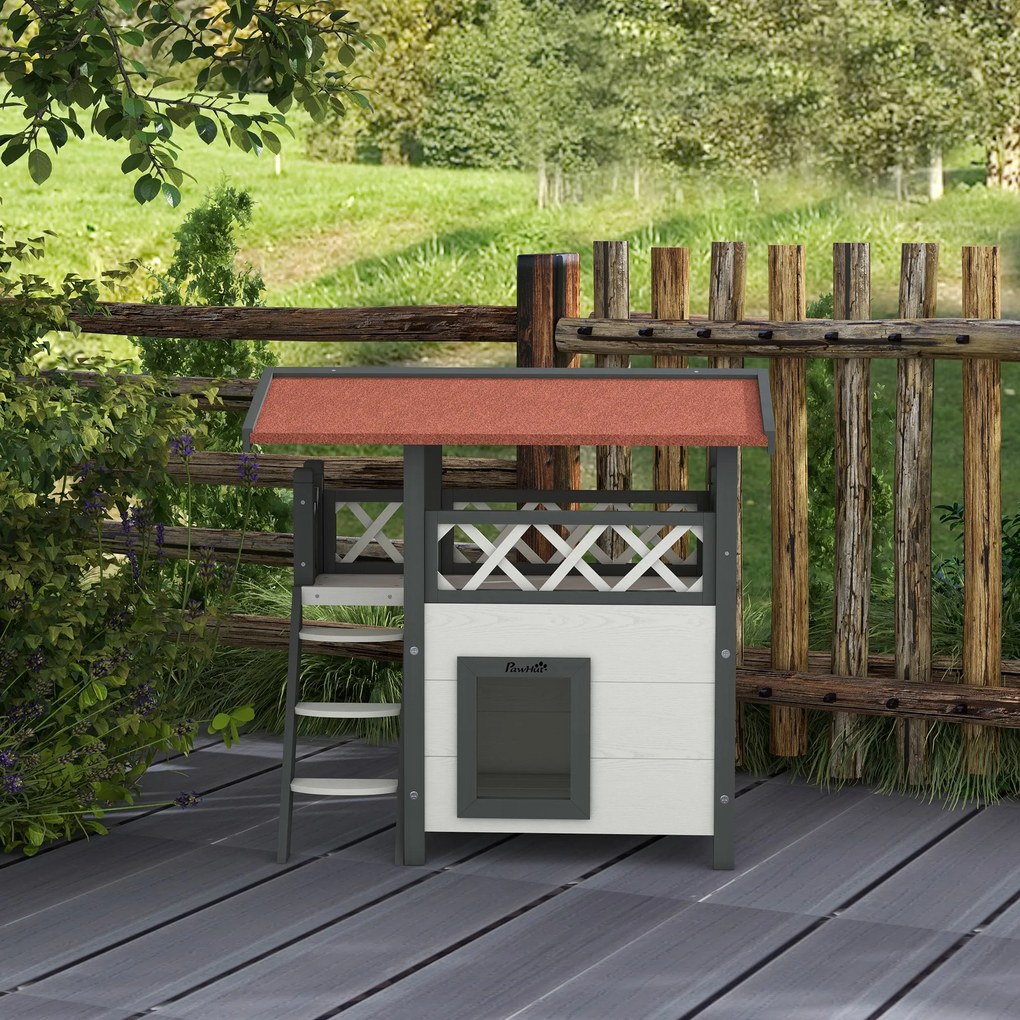 Dvoupatrový domek pro kočky PawHut s asfaltovou střechou a balkonem, vila pro kočky se schody z masivního dřeva, bílá, 77 x 50 x 73 cm