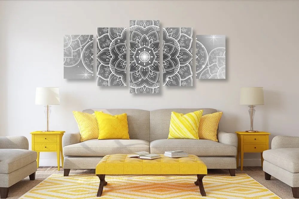 5-dílný obraz orientální Mandala v černobílém provedení - 200x100 cm