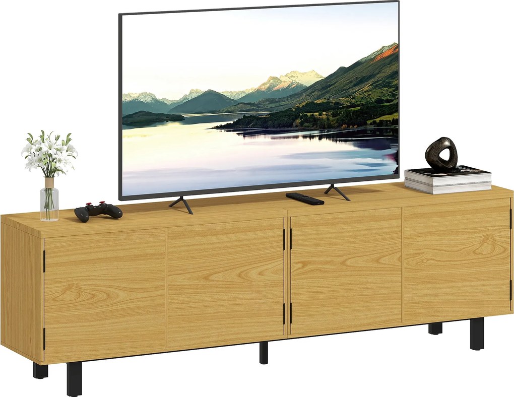 HOMCOM TV stolek 180 cm — dekor přírodního dřeva, pro TV až 208 cm, 4 bezúchytkové dvířka | Aosom