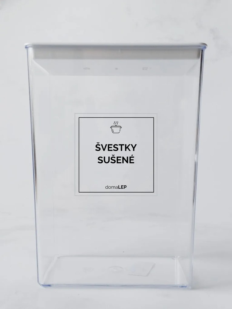 ŠVESTKY SUŠENÉ – průhledná samolepka na dózu, tučné písmo, 5 x 5 cm | DomaLEP