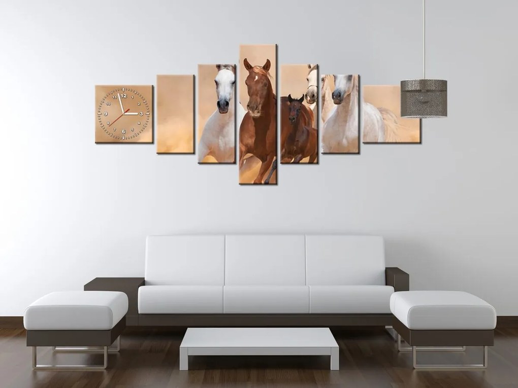 Gario Obraz s hodinami Cválající koně - 7 dílný Rozměry: 210 x 100 cm