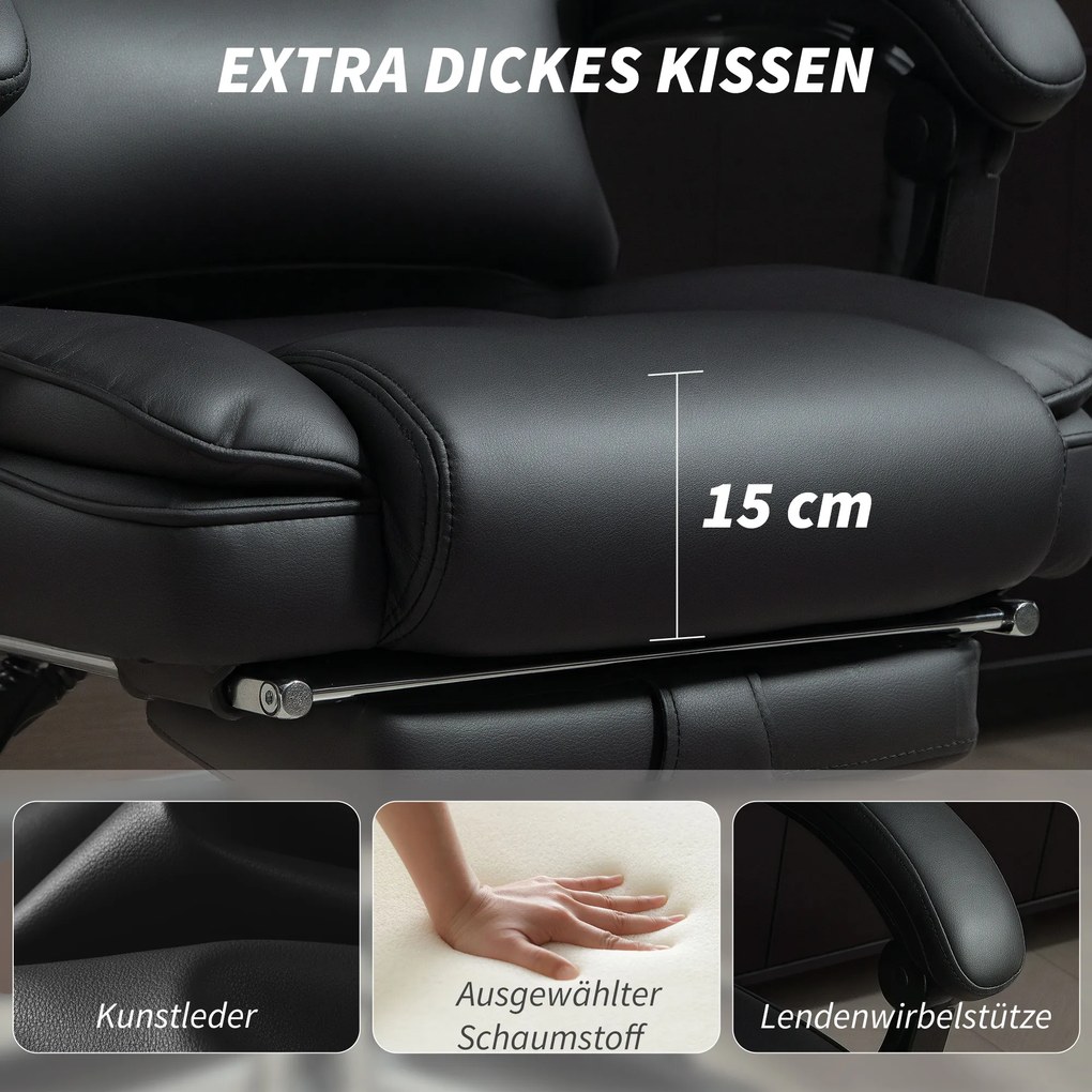 HOMCOM Kancelářská židle ergonomická, výškově nastavitelná, otočná s opěrkou bederní páteře, opěrkami rukou, opěrkou nohou, PU kůže, černá