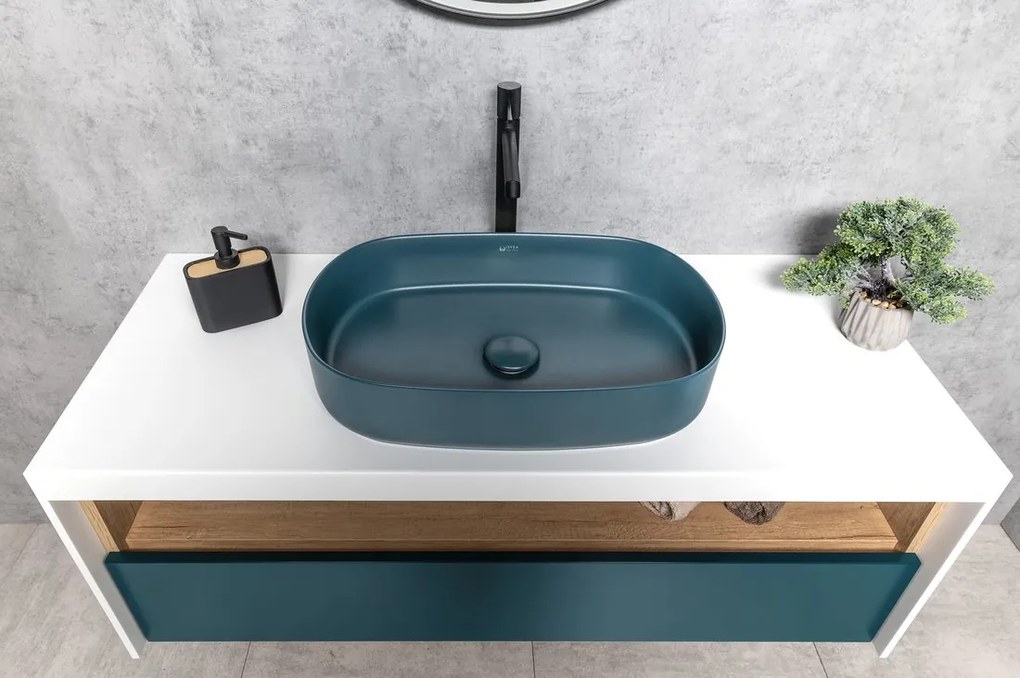 Sapho, INFINITY OVAL keramické umyvadlo na desku, 55x36 cm, matná zelena Petrol, 10NF65055-2P