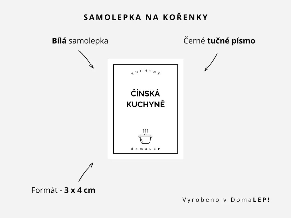 ČÍNSKÁ KUCHYNĚ - Samolepka na kořenky 3 x 4 cm - DomaLEP varianta: BÍLÁ - tučné písmo