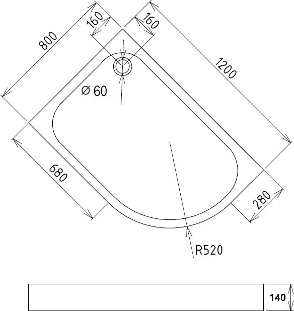 LOR 120x80 Levá Sprchová vanička asymetrická, akrylát