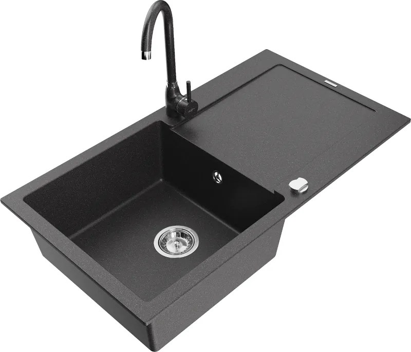 Mexen Leo granitový dřez s 1 komorou s odkapávačem a kuchyňskou baterií Telma, černý s tečkami - 6501-76-670200-76