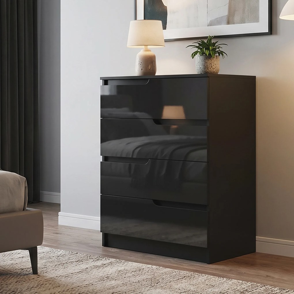 HOMCOM komoda se 4 zásuvkami, moderní a minimalistická, dřevěná, 60x40x85 cm, černý lak vysoký lesk