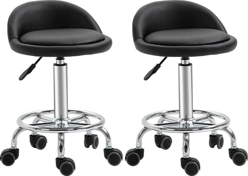 HOMCOM Set 2 otočných stoliček - pracovní stolička 360° - nastavitelná výška sedáku 47-62H cm, ergonomické opěradlo - chromovaná ocel s černým syntet…