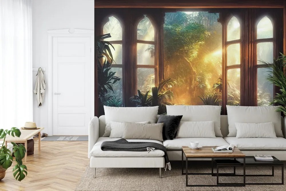 Fototapeta A Large Arch-Shaped Window, A Portal In The Dark Mystical Forest, The Sun&amp;#039;s Rays Pass Through The Window And Trees, Shadows. Fantasy Beautiful Forest Fantasy Landscape. 3D . Hladký vinyl 90x60