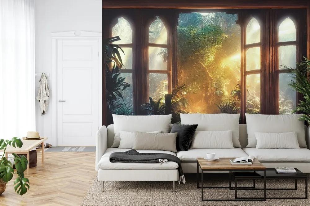 Fototapeta A Large Arch-Shaped Window, A Portal In The Dark Mystical Forest, The Sun&amp;#039;s Rays Pass Through The Window And Trees, Shadows. Fantasy Beautiful Forest Fantasy Landscape. 3D . Omyvatelný vlies 152.5x104