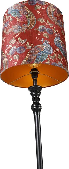 Stojací lampa černá s červeným stínítkem s peacockem 40 cm - Classico