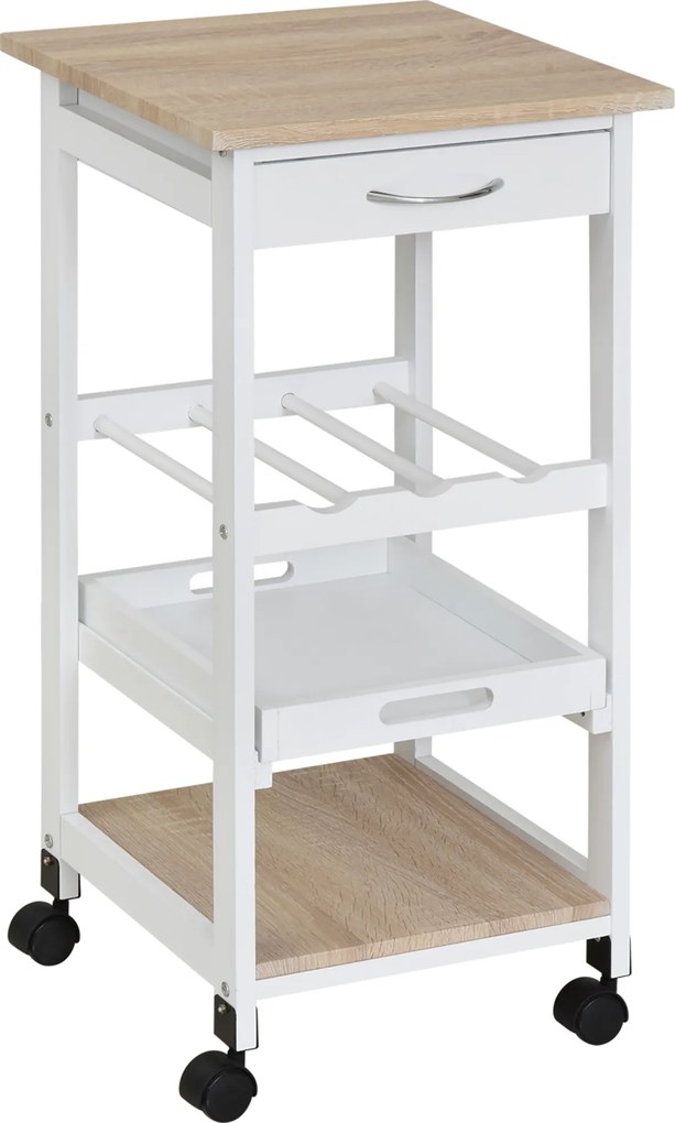 HOMCOM Kuchyňský vozík 4-patrový s kolečky a zásuvkami, regály a stojanem na víno pro kuchyň, obývací pokoj nebo jídelnu 37x37x76 cm Bílý