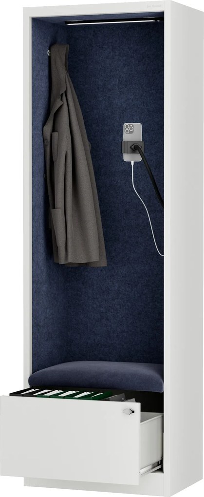 Kancelářská akustická kabina se sedátkem a USB-C portem, korpus bílý / sedák námořnická modrá, 600 mm: SALLY MentalBox