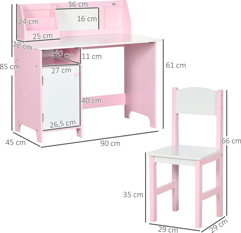 HOMCOM Dětský dřevěný stůl a židle se školní tabulí pro děti od 5 let, psací stůl 90x45x85 cm Růžová