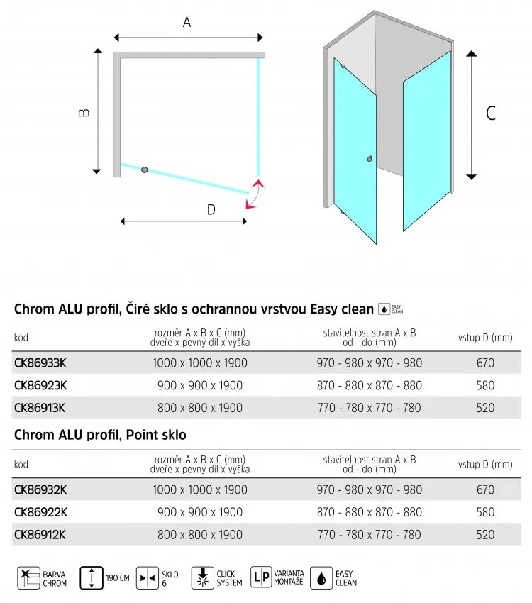 Mereo Sprchový kout, Lima, čtverec, pivotové dveře a pevný díl, chrom ALU, sklo Čiré 900 x 900 mm