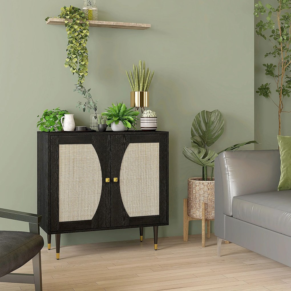 HOMCOM Buffet Skříňka s Dvojitými Dveřmi v Boho Stylu, 2 Úrovně, Ratanový Přední Panel 80 x 38 x 79 cm Černá